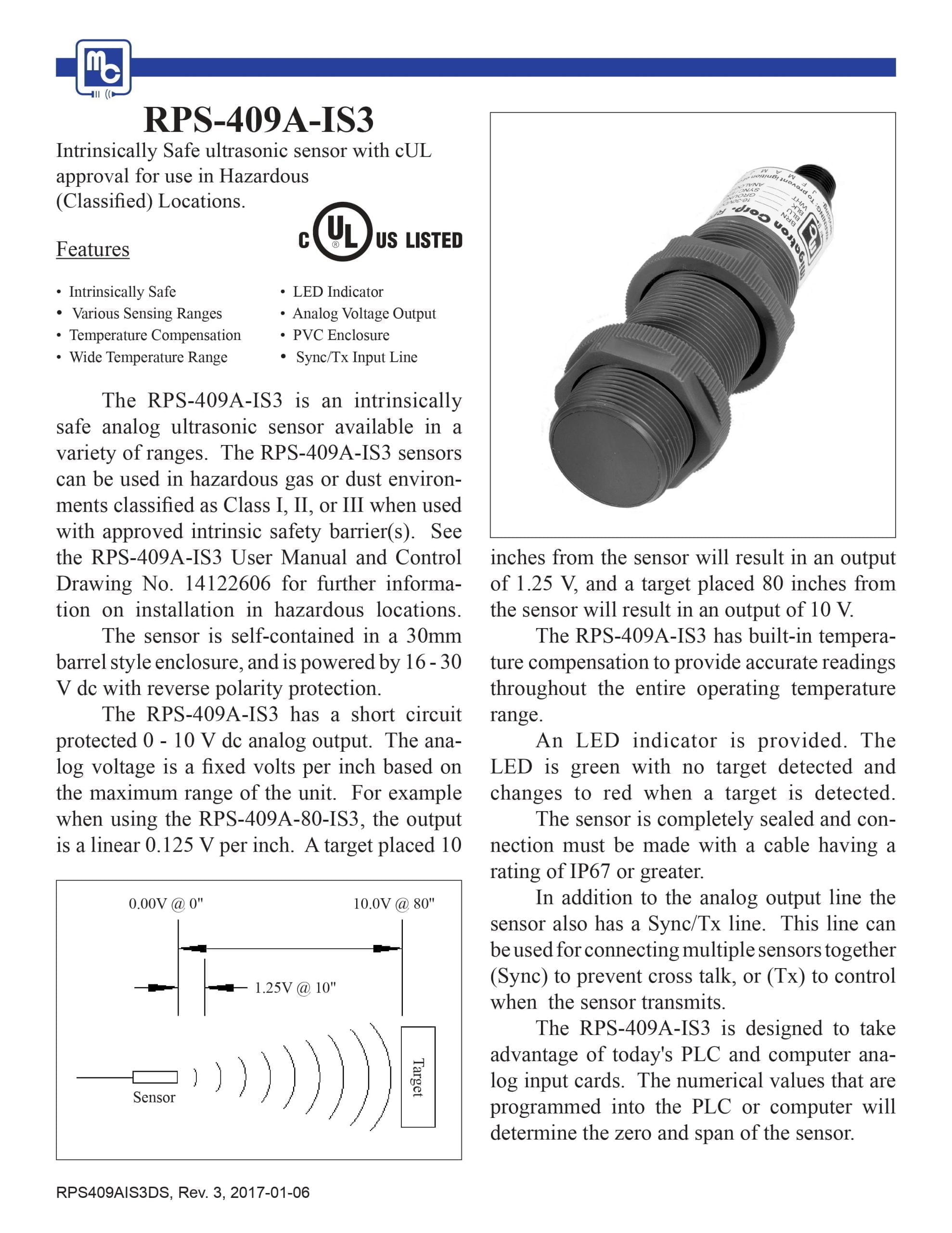 RPS-409A-IS3 Intrinsically Safe C-UL-US | Ultrasonic Sensors | Migatron ...