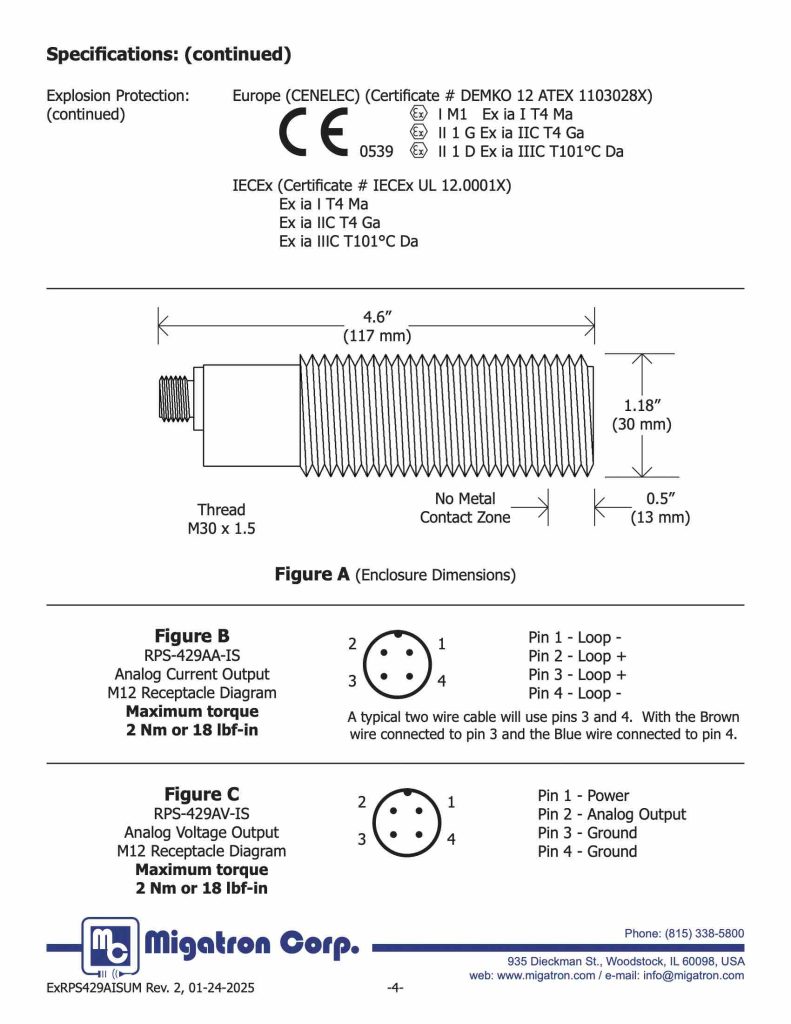 RPS-429A-IS Intrinsically Safe Ultrasonic Sensor C-UL-US ATEX IECEx ...
