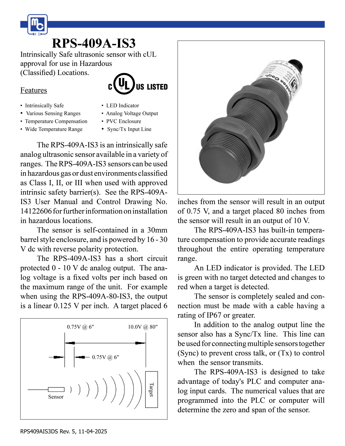 RPS-409A-IS3 Intrinsically Safe Ultrasonic Sensor C-UL-US | Ultrasonic ...